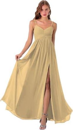 Generic Robe de demoiselle dhonneur en mousseline de soie avec poches et bretelles spaghetti et col en V avec fente, doré, 52 Grande taille