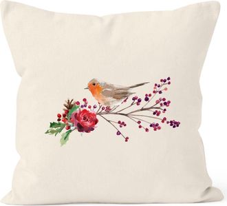 Autiga Kissenbezug Vogel Rotkehlchen Blumen Misteln Watercolor Bird Weihnachten Christmas Natur 40cm x 40cm