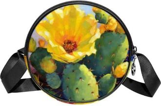 Generic Petit sac &agrave; bandouli&egrave;re rond pour femme, motif fleurs de cactus avec fermeture &eacute;clair, bretelles r&eacute;glables, sac &agrave; main rond d&eacute;contract&eacute; pour femmes et
