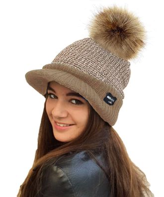 RockJock Damen warme Fleece gef&uuml;ttert gestrickte Schirmm&uuml;tze Baseballm&uuml;tze mit abnehmbarem Kunstpelz pom mit oder ohne POM- tragen