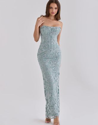 House of CB Anisa - Robe longue sans bretelles orn&eacute;e de perles de jade et de strass - Jade-Vert