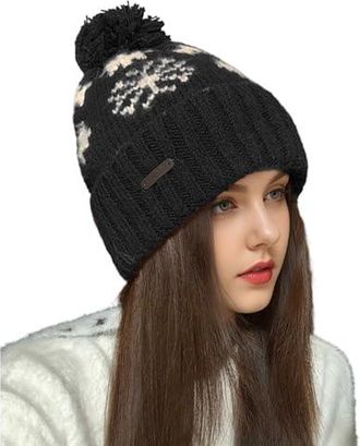 Generic Bonnet Femme Hiver Bonnet Femme Chapeau Femme Hiver Confortable Classique - Tricot&eacute; Bobble &Agrave; Bord Roul&eacute; Fair Isle, Chaud pour Activit&eacute;s Ext&eacute;rieures en