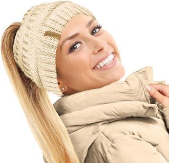 TOSKATOK Dames Femmes Bonnet Queue de Cheval Plaine Chignon décoiffé Hiver Beanie Chapeau Cap Serre-tête-Taille Unique-Natural