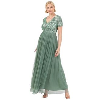 Maya Womens Ladies Dress for Wedding Guest Plus Size Empire High Waist Sequins Short Sleeve Evening Bridesmaid Robe de Demoiselle dhonneur, Deep Mint, 42 F