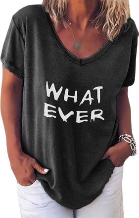 Minetom Damen Sommer Kurzarm Blusen T-Shirt V-Ausschnitte Loose Oversize Shirt Einfarbig Casual Brief Bedruckt Asymmetrisch Oberteile Top C Schwarz DE 42