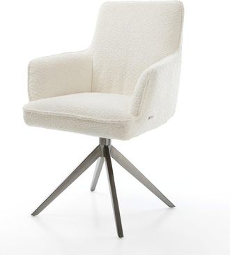 DELIFE Drehstuhl Heira-Flex mit Armlehnen Bouclé Weiß Kreuzgestell breit Graphit 360° drehbar Wippfunktion Taschenfederkern, Esszimmerstühle