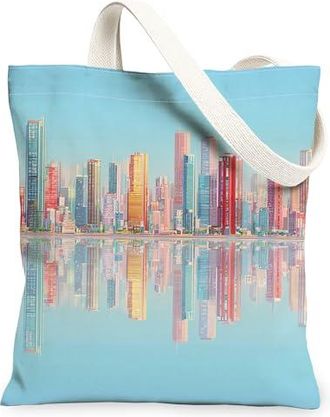 Generic Sacs fourre-tout en toile motif paysage urbain, sacs d&eacute;picerie r&eacute;utilisables, &eacute;l&eacute;gants et l&eacute;gers, lavables, bleu, 13x15 Inch