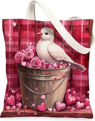 Generic Sac fourre-tout en toile motif colombes pour le shopping, 33 x 38,1 cm, sac d&eacute;picerie r&eacute;utilisable pour la Saint-Valentin, sac d&eacute;picerie pour femme, p