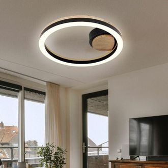 Globo Lighting Plafonnier plafonnier LED lampe de salon lampe de couloir, m&eacute;tal noir aspect bois MDF plastique opale, 12W 600Lm 3000K blanc chaud, D 30 cm