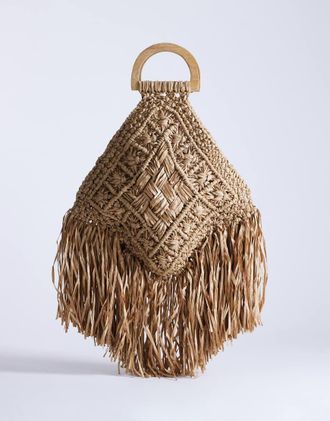 Topshop Hugo - Sac en paille tress&eacute;e &agrave; pampilles - Naturel-Neutre