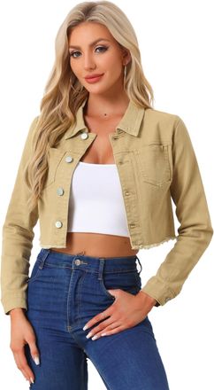 Allegra K Damen Langarm Denim Jacken Button Up Washed Umlegekragen Cropped Jeansjacke Khaki XL