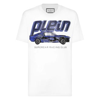 Philipp Plein Homme, Tops, Blanc, Taille: 5XL Jersey T-shirt Round Neck SS Cars Racing