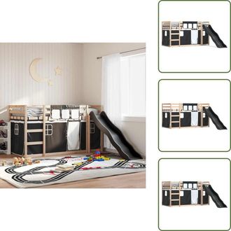 vidaXL The Living Store - Etagenbett mit Rutsche und Gardinen Wei&szlig; und Schwarz 80x200 cm - Etagenbett - Hochbett - Kinderbett - Holzbett - Kiefernholz