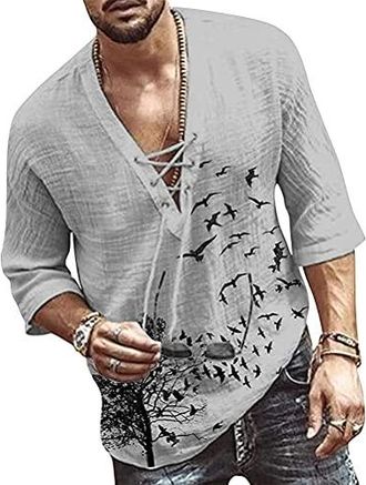 Onsoyours Hommes Chemises Solid Manches Longues Slim Fit Mode Oeil de Poulet à Lacets à Col en V pour Hommes Chemise à Manches Vintage Ample Z5 Gris 3XL