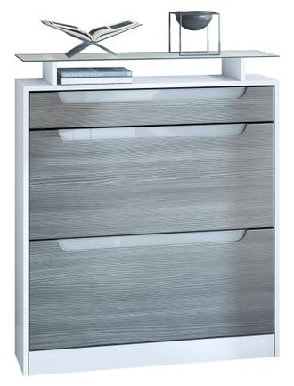 Vladon Schuhschrank Fiesta, Wei&szlig; matt/Avola-Anthrazit/Wei&szlig; Hochglanz Schuhkipper f&uuml;r 16 Paar Schuhe mit 2 Klappen (89 x 104 x 23 cm)