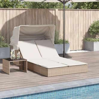 vidaXL Chaise longue double avec auvent et coussins beige poly rotin vidaXL
