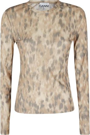 Ganni Femme, Tops, Beige, Taille: 38 FR Printed Marl Mesh Long Sleeve Top