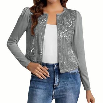 Generic Cardigan &agrave; manches longues &agrave; paillettes ouvert sur le devant pour femme - Hauts brillants et d&eacute;contract&eacute;s - Pour les vacances, gris, XXL