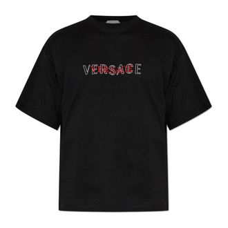 Versace T-Shirt mit gesticktem Logo aus Baumwolljersey - - Tops - Herren - Schwarzk - XL