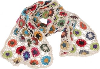 Guru Shop Häkelschal mit Bunten Blümchen, Boho Schal - Weiß, Herren/Damen, Baumwolle