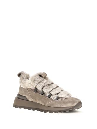 Brunello Cucinelli Womens Suede And Tech Cotton Sneakers With Shearling Lining Monili Detail Taiga Upper: Suede; Sole: Rubber
