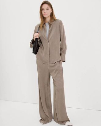 Mango Chemise &agrave; rayures satin&eacute;e marron moyen - Femme - XXS - MANGO