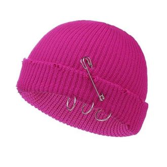 Generic Beanie Bonnet tricot&eacute; pour femme avec anneaux en m&eacute;tal et &eacute;pingle de s&eacute;curit&eacute; Style urbain Unisexe Design moderne pour lhiver et lautomne, 01 - Rose v