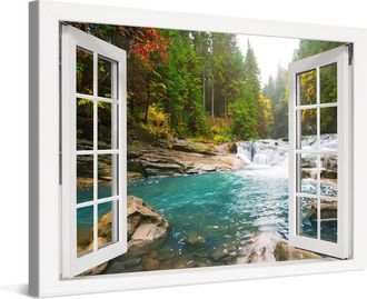 Picanova Leinwandbild Waldfluss Wasserfall Fenster 60x40cm - Premium Leinwanddruck - Wandbild Kunstdruck Auf 2cm Holz-Keilrahmen Für Schlaf- Und Wohnzimmer Wan