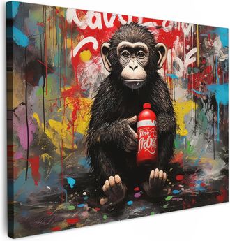 MuchoWow © Bild auf Leinwand 80x60 cm Schlafzimmer Bilder Wand Deko Wohnzimmer Modern Wanddeko Bilderwand Geschenk Banksy - Street Pop Art - Affe - Graffiti - 