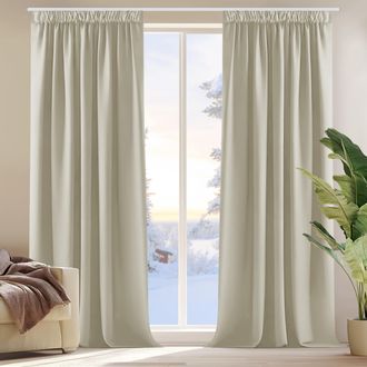 Deconovo Blickdichte Gardine mit Kräuselband Vorhang Kinderzimmer Gardine dicke Thermogardine Kälteschutz warm Hitzeschutz, 214x132cm(HöhexBreite), Creme, 2er 