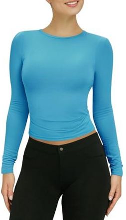 Generic Hauts en coton pour femme - Haut &agrave; manches longues en coton - D&eacute;contract&eacute; - Couleur unie - Col rond - Coupe ajust&eacute;e - Pull extensible et l&eacute;ger, bleu, 