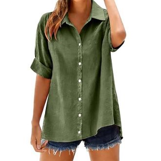 Generic Chemise en lin pour femme grande taille - Chemisiers &agrave; manches longues pour le travail en coton avec boutons &agrave; col popover, chemisier &agrave; &eacute;paules tomban