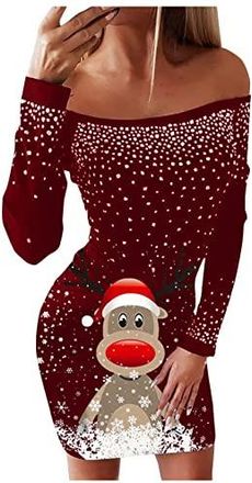 Generic Robes amincissantes 2026 pour femmes, mini robe d&eacute;contract&eacute;e &agrave; manches longues et coutures avec imprim&eacute; flocon de neige et cerf, Rouge, XXL