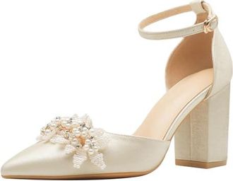 Generic Qynthra Escarpins Satin DOrsay pour Femme - Appliqué Floral Strass sur Bout, Talon Bloc carré & Bride Cheville, Chaussures de cérémonie de Mariage,Alm
