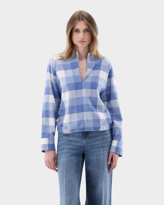 van Laack Karierte Kelchkragenbluse aus Flanell