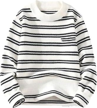 Generic Pull rayé contrasté pour homme, pull à col rond, pull en laine, pull dhiver, blanc, XXL