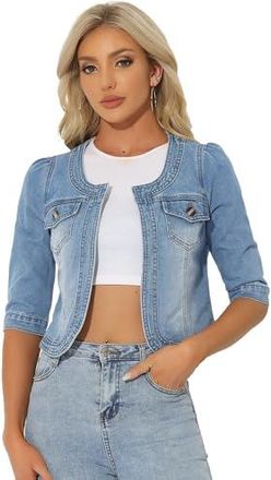 Allegra K Veste en Jean pour Femme Sans Col à Manches 3/4 Devant Ouvert Blouson en Demin Délavé Bleu clair M