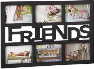 Relaxdays Bilderrahmen Freunde, Galerierahmen für 6 Fotos, Fotocollage Rahmen, Kunststoff, HBT: 33x48x1,5 cm, schwarz