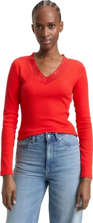Tom Tailor Damen 1051662 Langarmshirt mit Spitze, 12880-Brilliant Red, XL