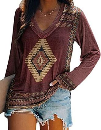 TOMWELL Hauts de Pull Manches Longues et imprimé géométrique décontracté pour Femmes Sweat à Capuche de Style Ethnique Cardigan Top Blouse Pull en Tricot Lâch