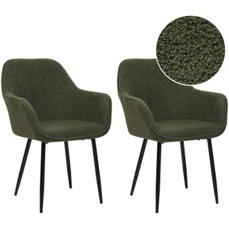 Beliani Esszimmerstuhl 2er Set Dunkelgr&uuml;n Boucl&eacute; Stoffbezug mit Hohen Armlehnen Schwarzen Beinen aus Metall Modern Wohnzimmer Esszimmer K&uuml;che M&ouml;bel