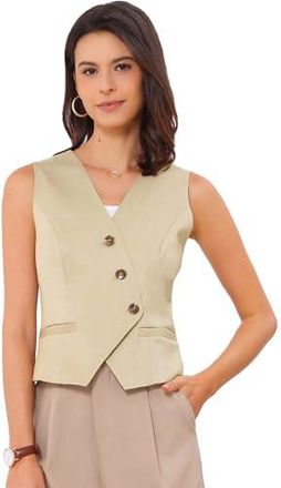 Allegra K Blazer sans Manches Femme Gilet de Costume daffaires avec Ceinture au Dos Col en V Boutonné Veste Court de Bureau Kaki XL