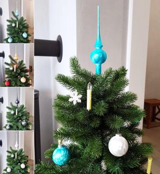 JACK Eislack Glas Christbaumkugeln Set 15x Kugel 6cm + 1x Spitze 25cm Box, Farbe:T&uuml;rkis-Wei&szlig;