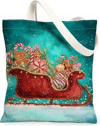 Generic Sacs fourre-tout en toile avec tra&icirc;neau de No&euml;l, sacs d&eacute;picerie r&eacute;utilisables, vintage, festifs, l&eacute;gers et lavables avec bandouli&egrave;re, Rouge, 13x15 Inc