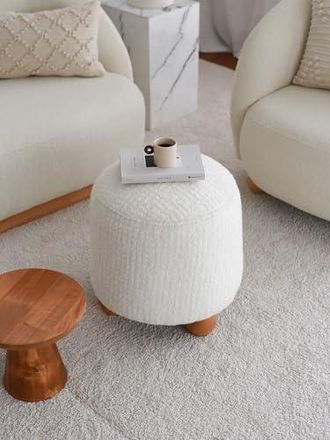 Atelier Del Sofa Elegant White Pouffe, 43 x 45 x 37 cm, 100% Wooden Frame, Soft Teddy Fabric, 5 cm DNS Feather Cushion | Perfect for Modern Living Rooms & Bedrooms