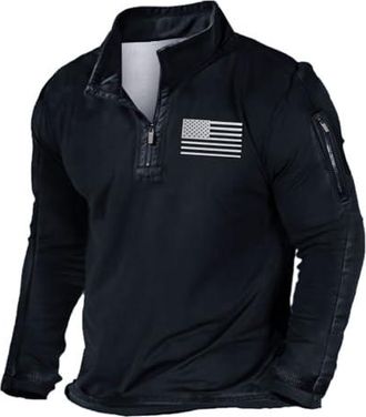 Generic Pull Tactique Homme Zip Quarter Patriotique - Sweatshirt Graphique Drapeau Am&eacute;ricain Col Montant Manches Longues Poches, Style Casual &Eacute;clatant(Black, 