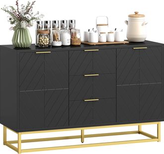 HOMCOM Sideboard zeitgen&ouml;ssisches Design Grafik 2 Schr&auml;nke T&uuml;r verstellbare Regale 3 Schubladen Schiebet&uuml;ren in Holz schwarz Metall vergoldet