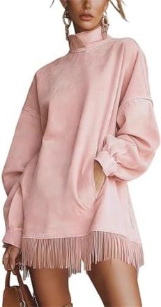 Generic Mini robe en velours pour femme - Robe à col roulé en daim confortable avec ourlet à franges et poches, rose, XXL