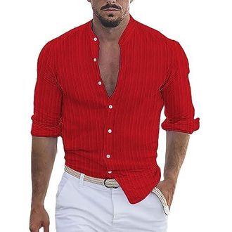 Generic Chemise &agrave; manches longues en mousseline de lin pour homme - Chemise boutonn&eacute;e - Chemise de loisirs - Jacquard ray&eacute;e - Col montant - Coupe normale - Ma