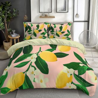 Generic Dreiteiliges Bettw&auml;sche Set Pflanze Zitrone Blume Mikrofaser Bedruckter Bettbezug mit 1 Kissenbez&uuml;gen, 135 x 200 cm, Kuschelige Dekorative Bettw&auml;sche 